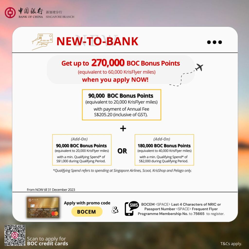 BOC Elite Miles card offering 60,000 KrisFlyer miles sign-up bonus ...