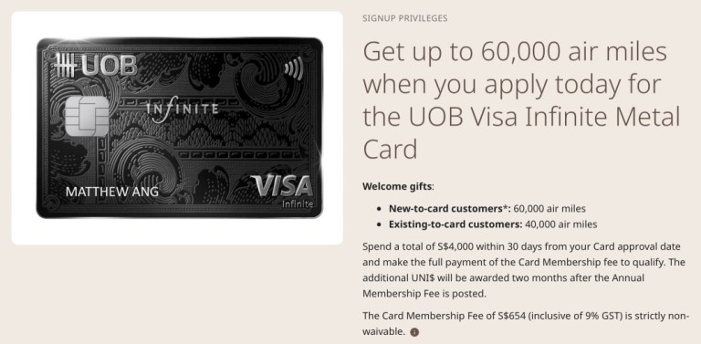 UOB cuts Visa Infinite Metal sign-up bonus to 60,000 miles - Mainly Miles